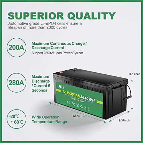 JITA 12V 300Ah lithium battery LiFePO4 Deep Cycle Battery 200A BMS, 20 ...