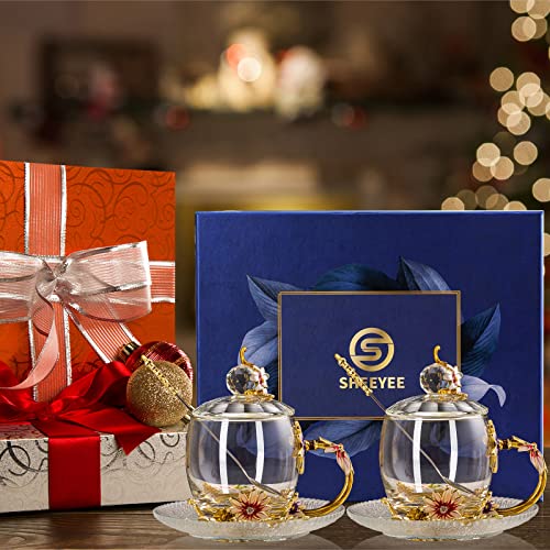 Sheeyee Vintage Glass Tea Cups and Saucers Sets with Lids Spoons, Enam ...